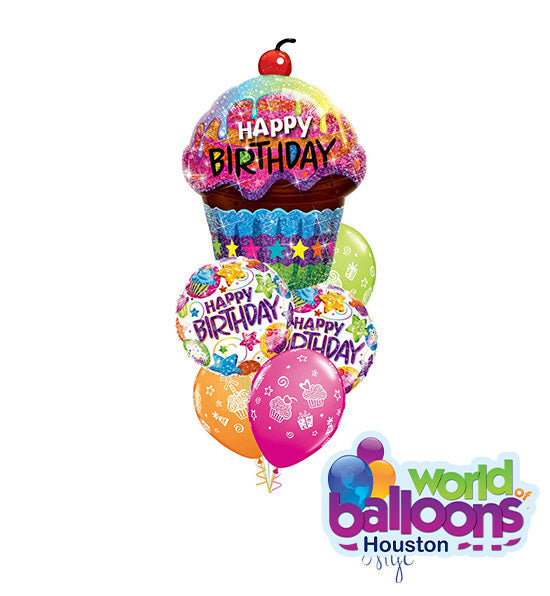 Frosted Cupcake Happy Birthday Balloon Bouquet| World of Balloons Houston